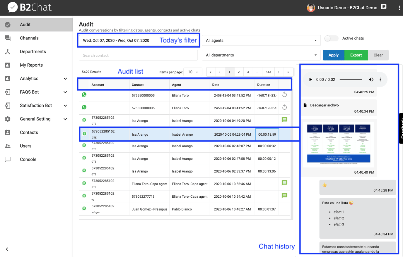 Audit list and filters